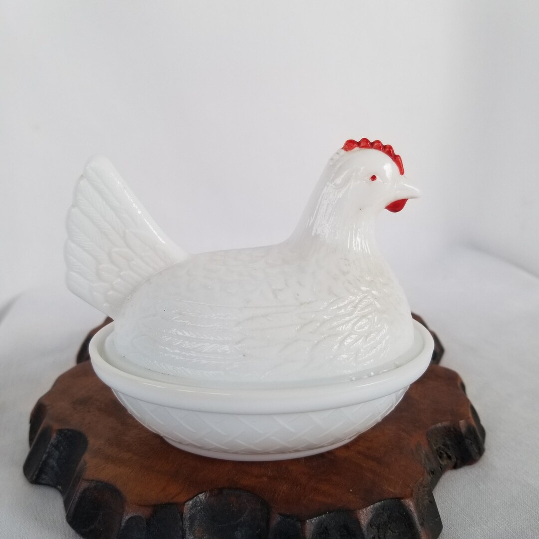 Small Milk Glass Nesting Hen Dish, Nesting Chicken Dish, Kitchen Decor ...