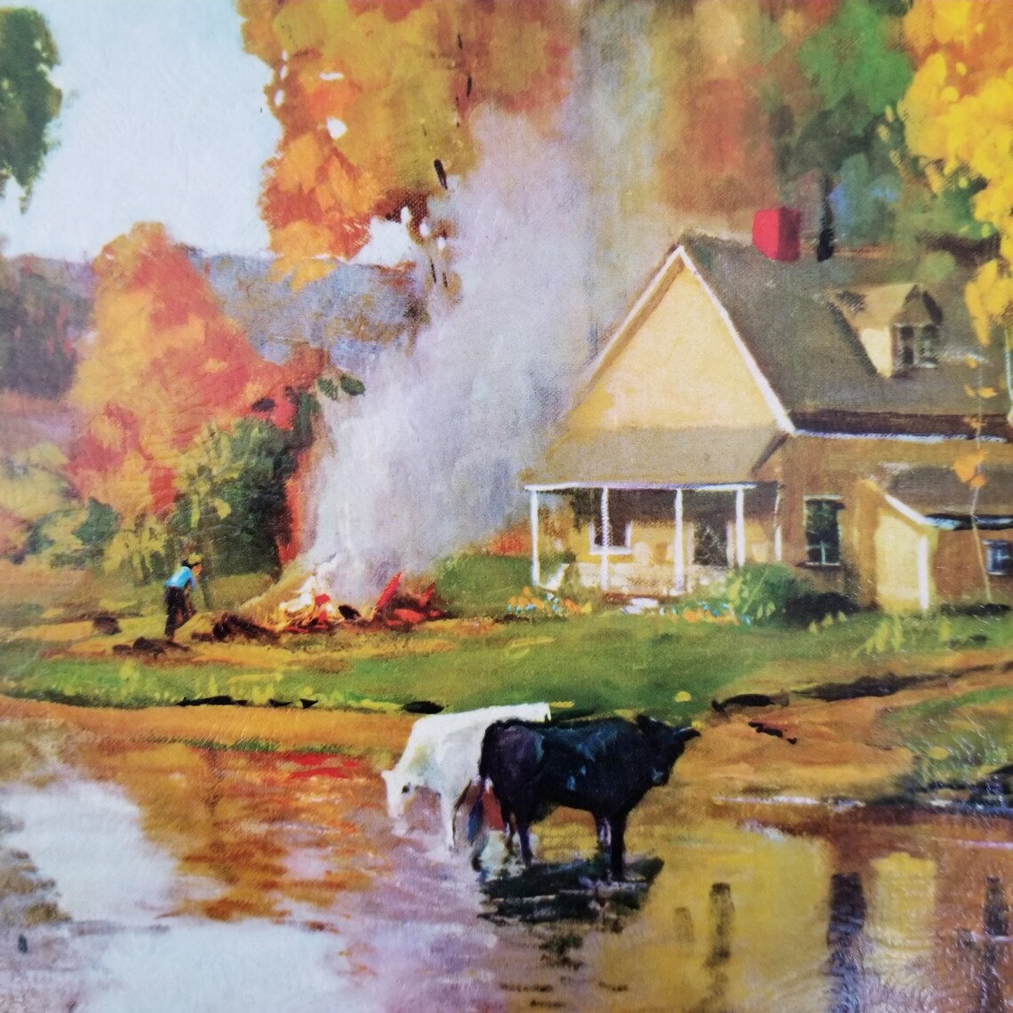 Fall Country Scene Lithograph Print by Graule, Farmer Landscape Decor ...