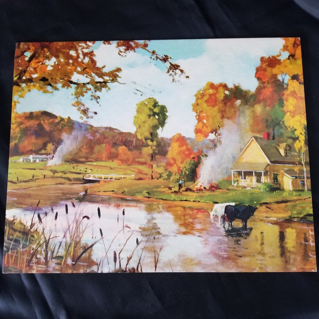 Fall Country Scene Lithograph Print by Graule, Farmer Landscape Decor ...