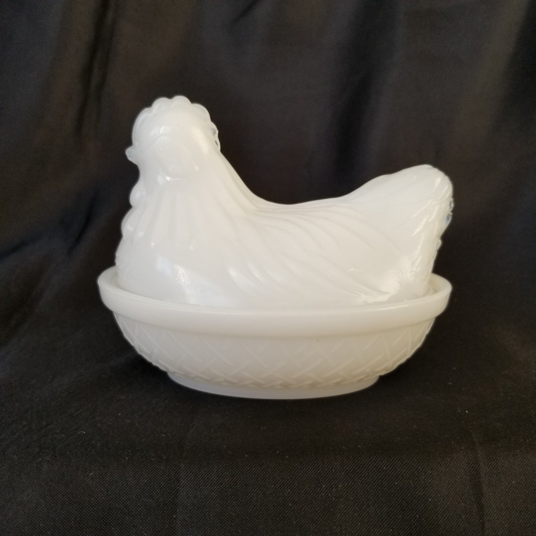 Small Milk Glass Nesting Hen Chicken Dish, Kitchen Decor, Retro Decor ...