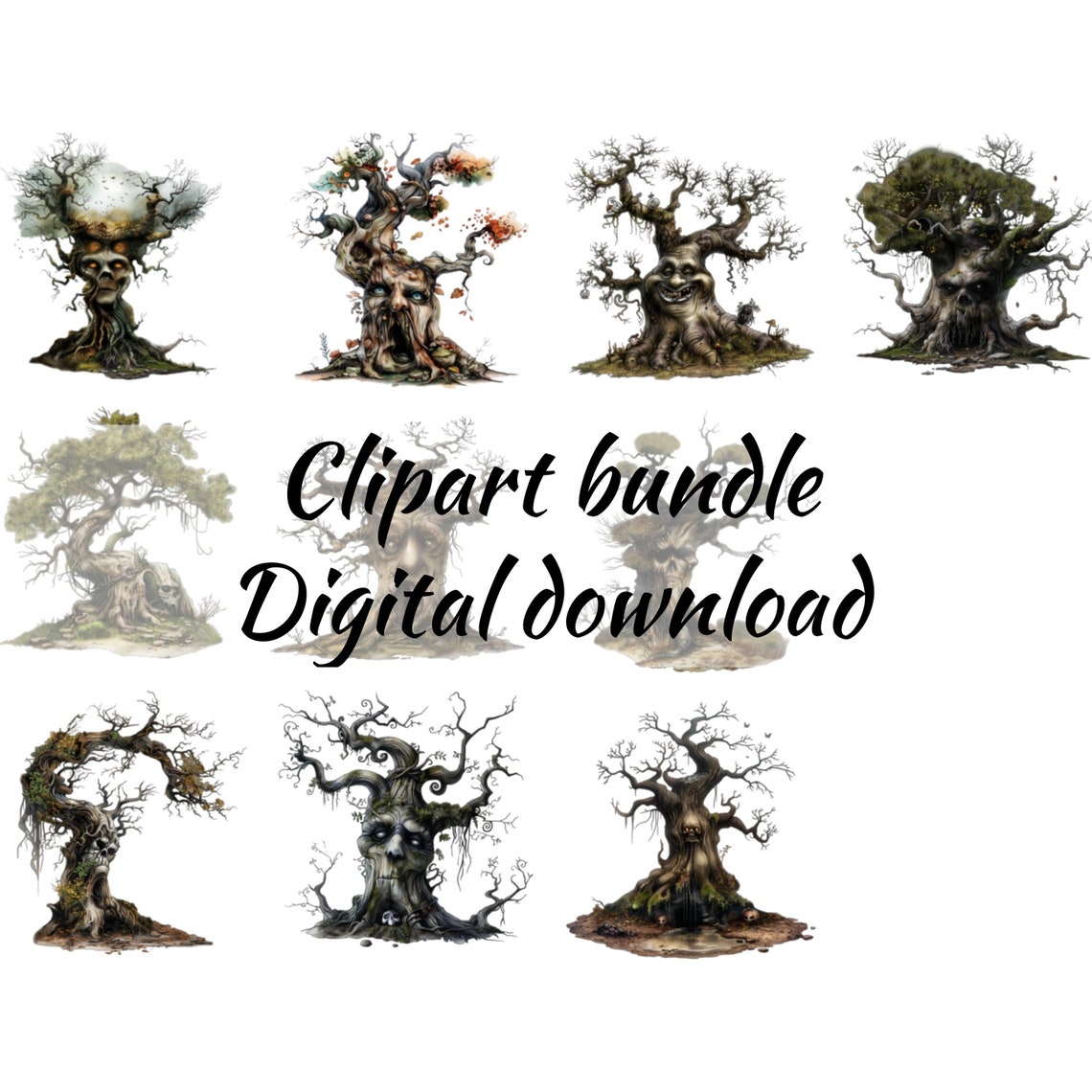 Scary Tree Face Bundle Set - a Watercolor Bundle - Clipart Design ...