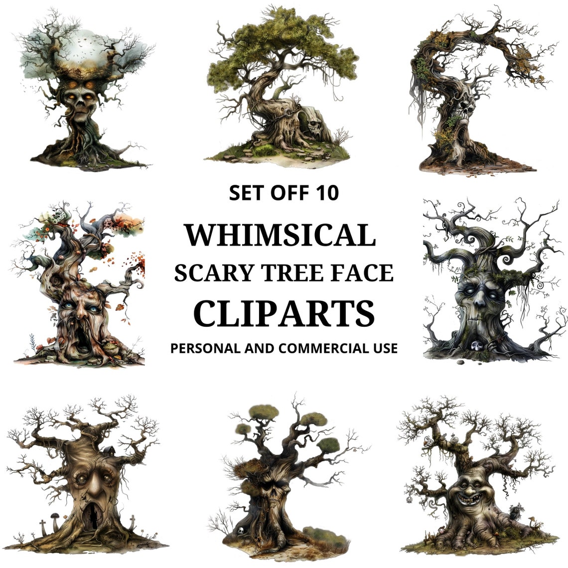 Scary Tree Face Bundle Set - a Watercolor Bundle - Clipart Design ...