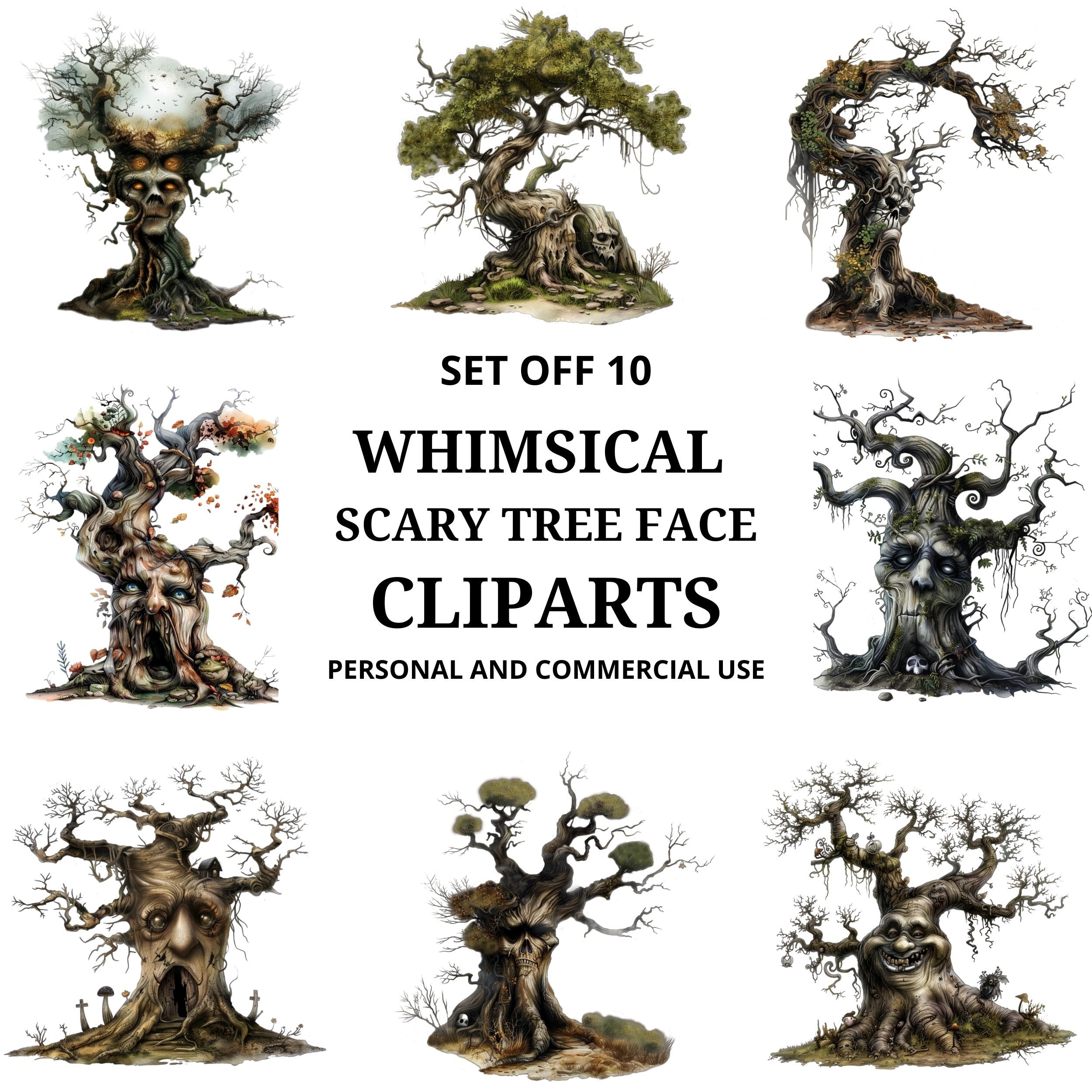 Scary Tree Face Bundle Set - a Watercolor Bundle - Clipart Design ...