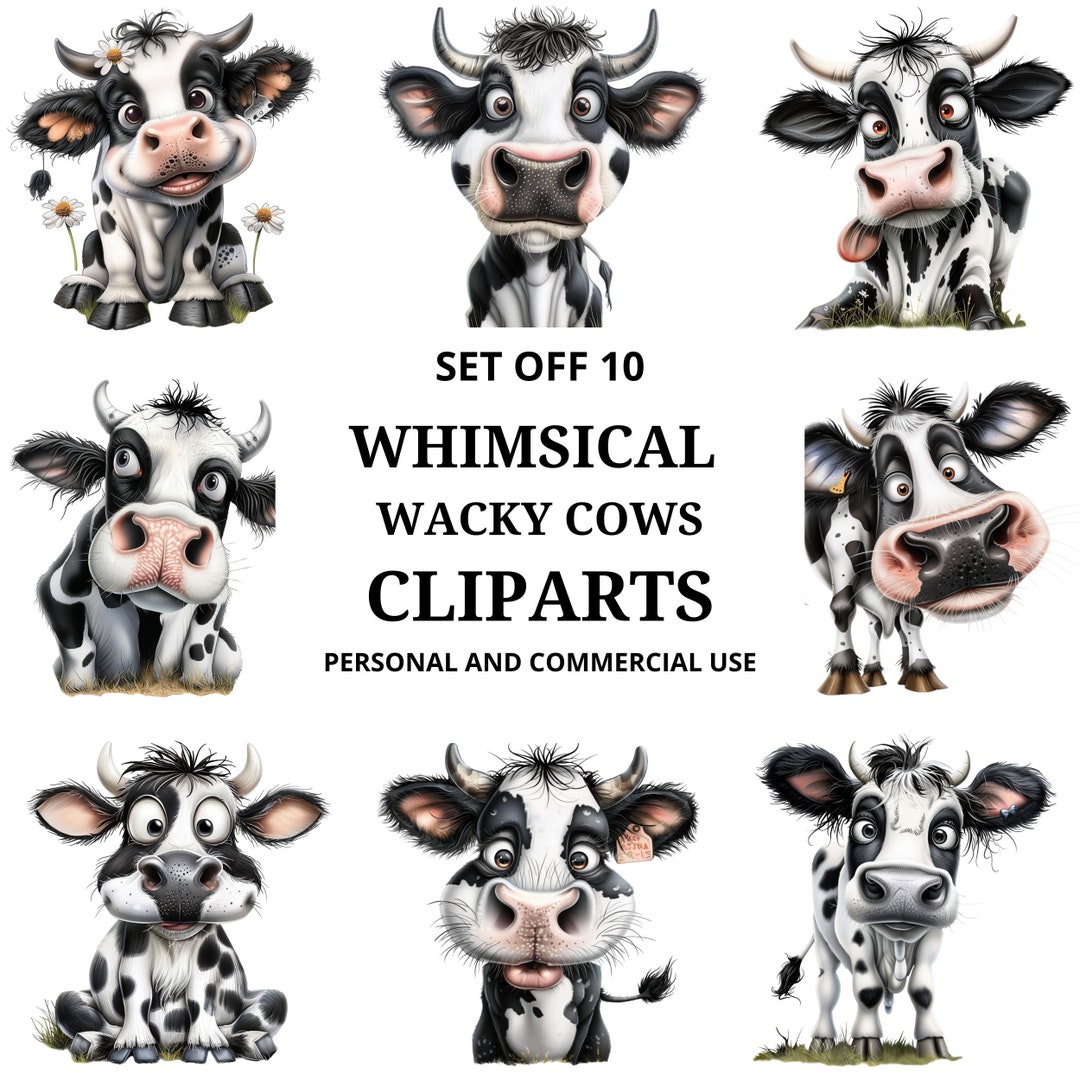 Wacky Cow Bundle Set - a Watercolor Bundle - Clipart Design - Instant ...