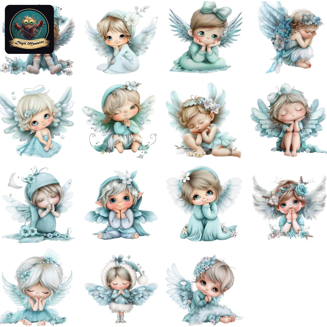 Blue Baby Angel Bundle Set - a Watercolor Bundle - Clipart Design ...