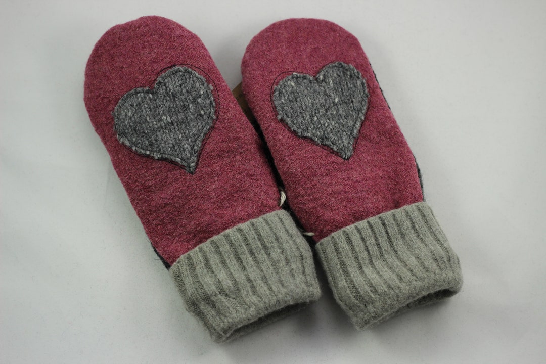 Valentine Mittens, Raspberry and Gray Heart Mittens, SMALL - Etsy