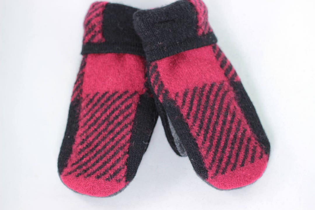 SMALL Mittens, Red and Black Checked Sweater Mittens, Womens SMALL ...