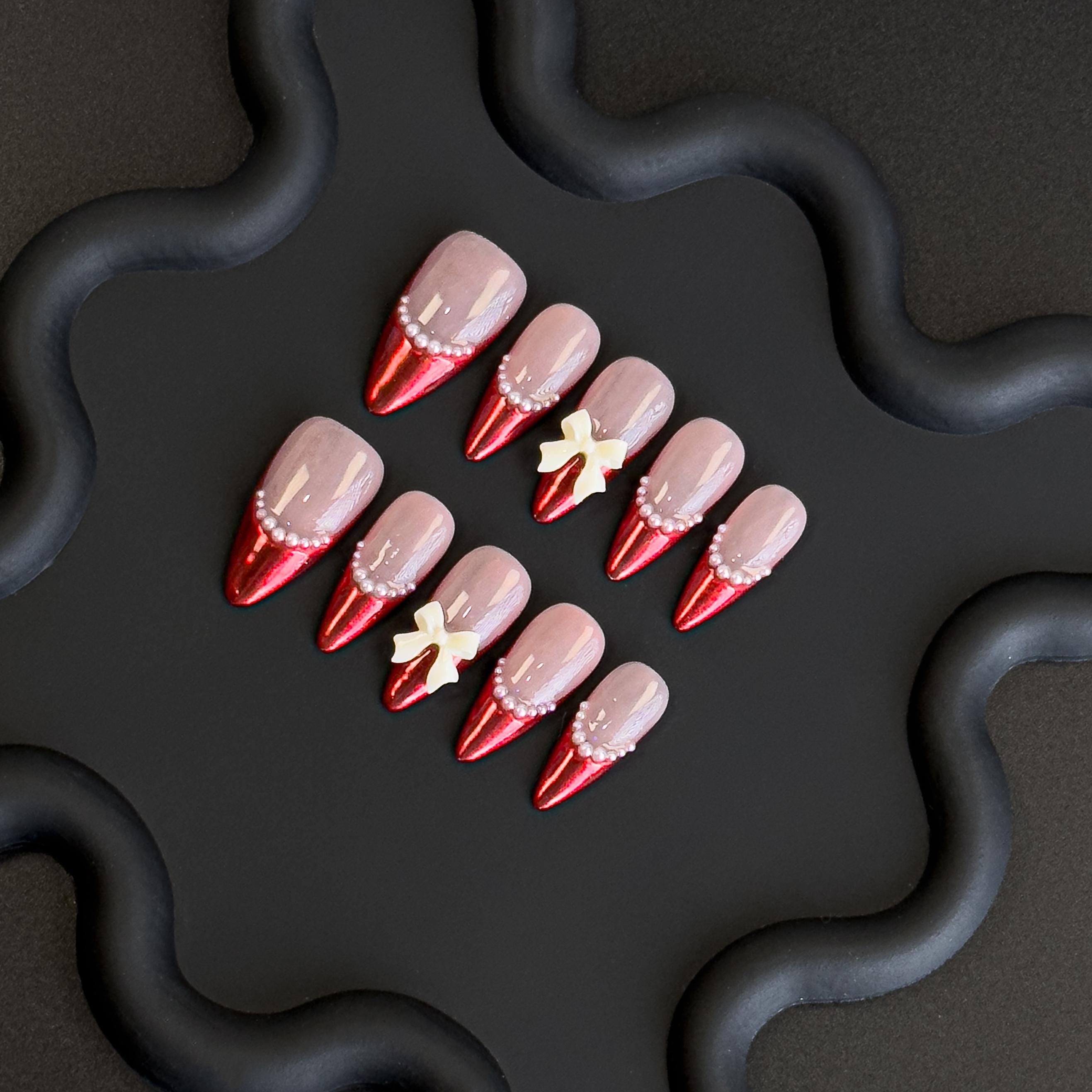 Satin Red French Manicure Set/luxury Press on Nails/red Silky French ...