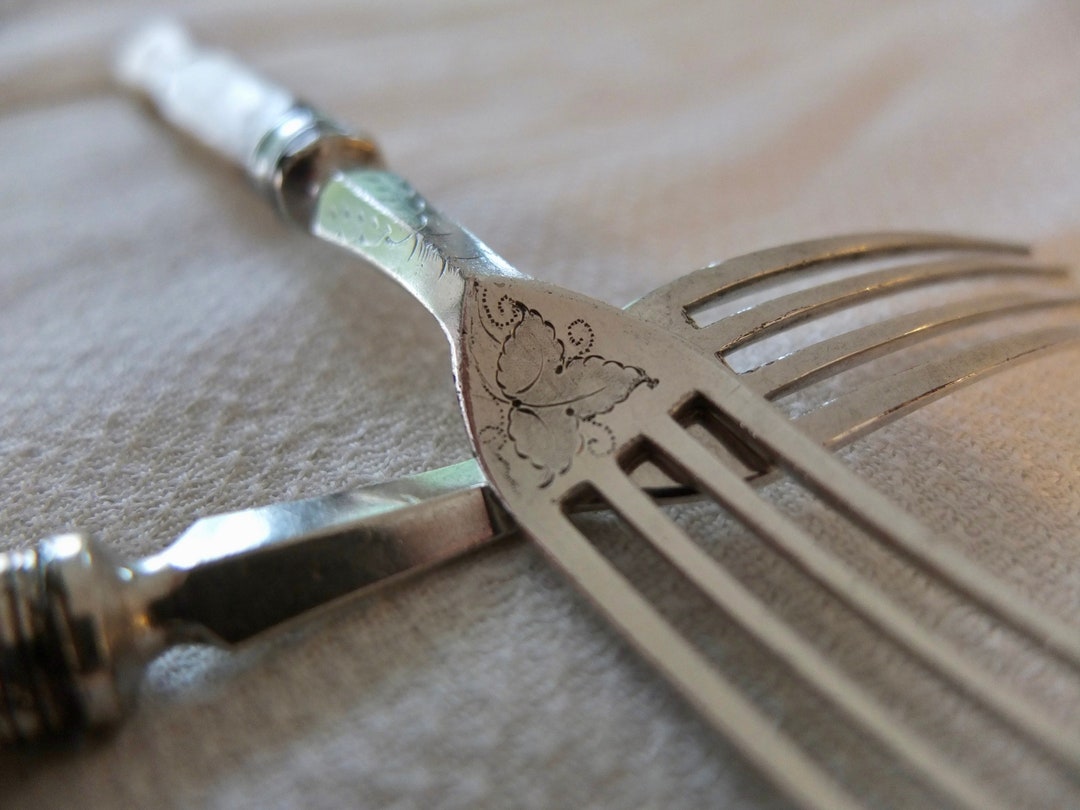 Vintage Serving Forks, Engraved Silver Plate, Carved Bone Handles, - Etsy