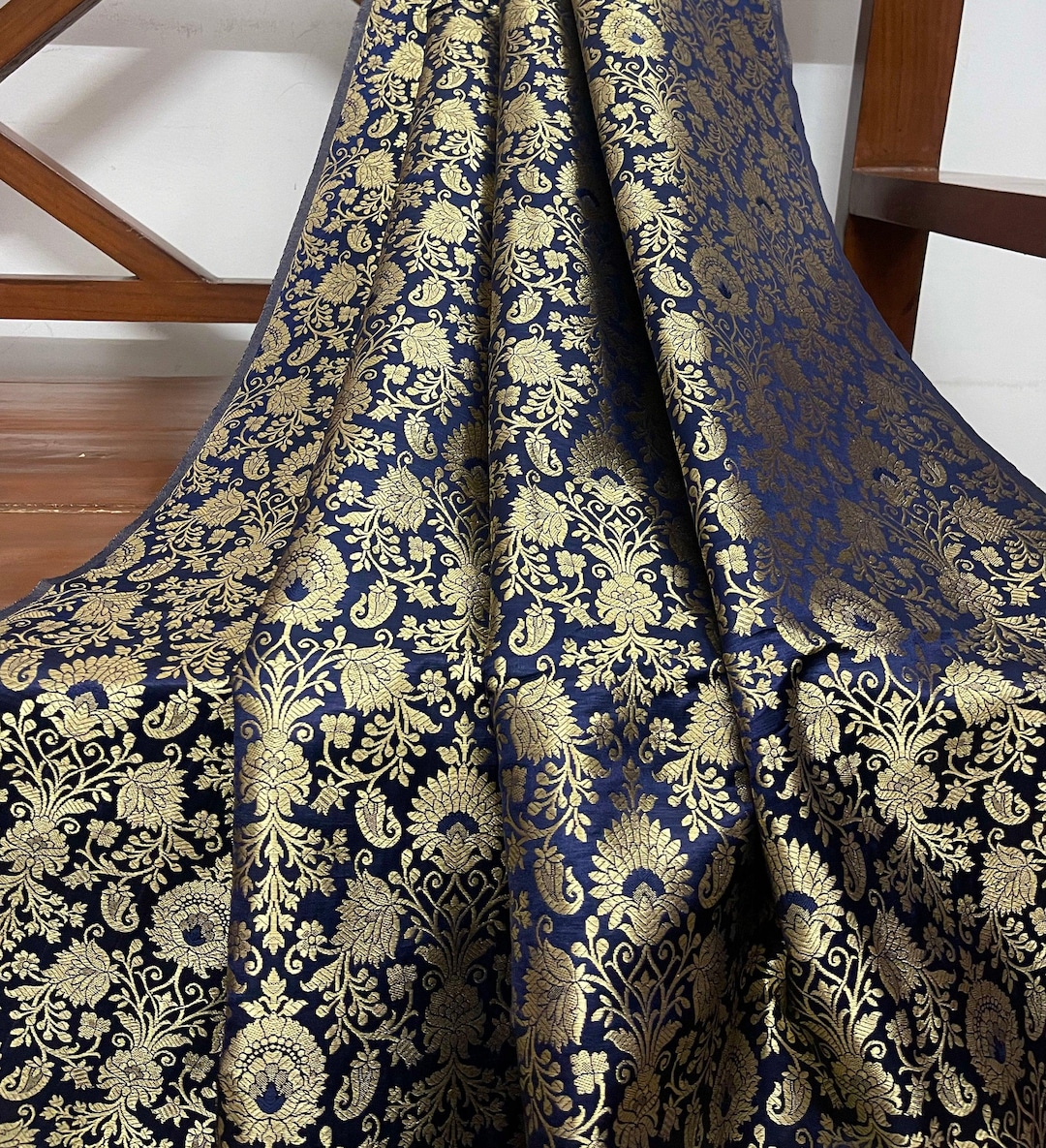 Jacquard Brocade Fabric Navy Blue Gold Damask Fabric Home Decor ...