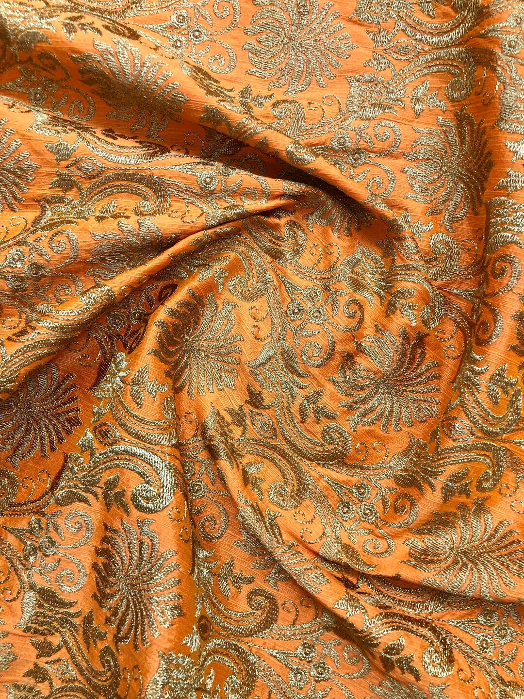 Embroidered Fabric Orange Floral Fabric Gold Embroidery Rayon Silk ...