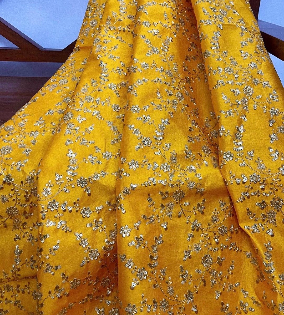 Embroidered Fabric Yellow Gold Wedding Bridal Dress Fabric Gold ...