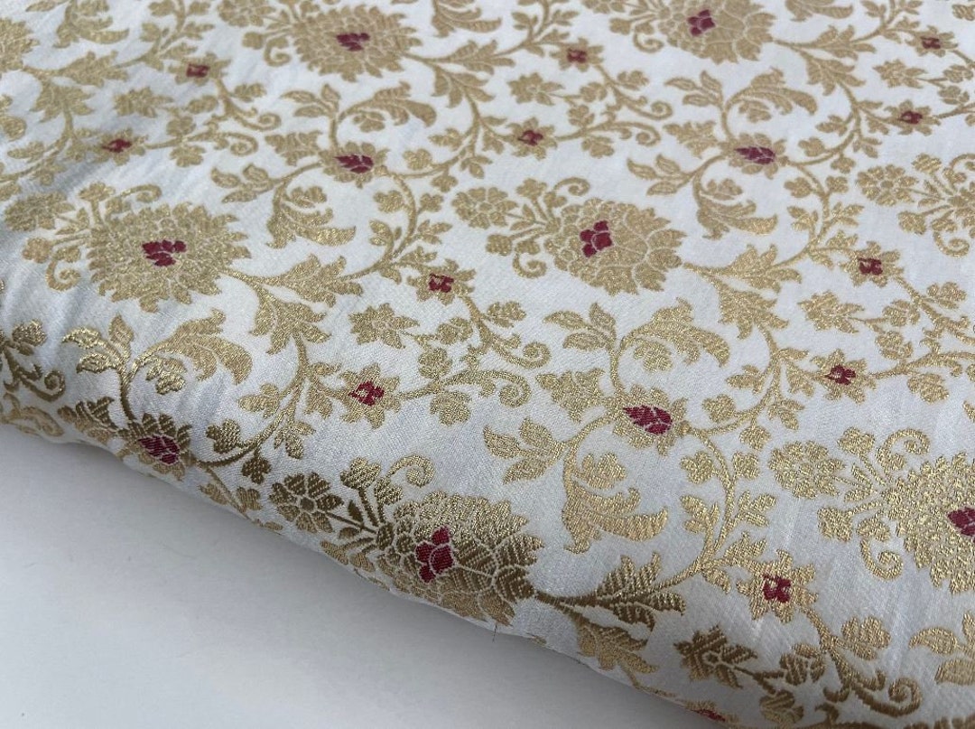 Indian Brocade Jacquard Fabric White Gold Bridal Dress Fabric Brokat ...