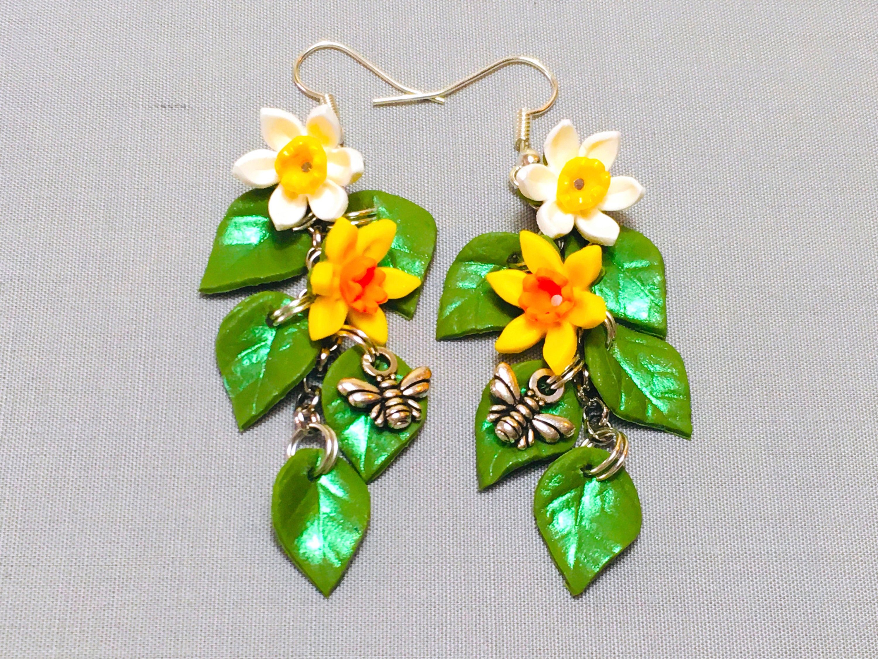 Daffodil Earrings Yellow and White, Handmade, Sterling Silver, Clip Ons ...