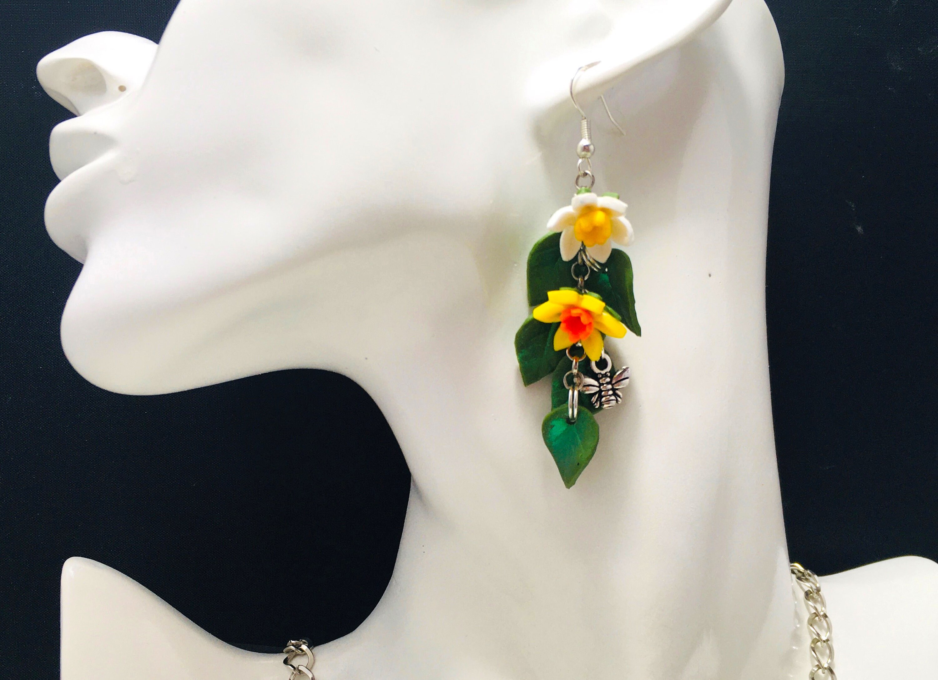 Daffodil Earrings Yellow and White, Handmade, Sterling Silver, Clip Ons ...