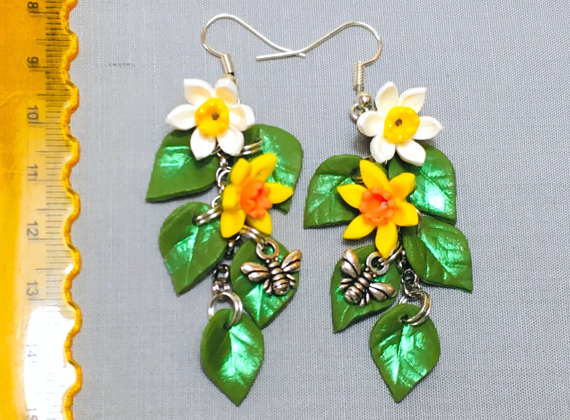 Daffodil Earrings Yellow and White, Handmade, Sterling Silver, Clip Ons ...