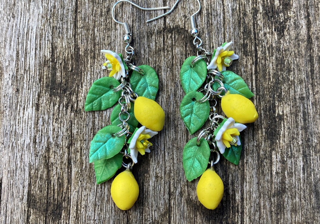 Lemon Earrings, Sterling Silver, Citrus Fruit, Long, Dangle, Handmade ...