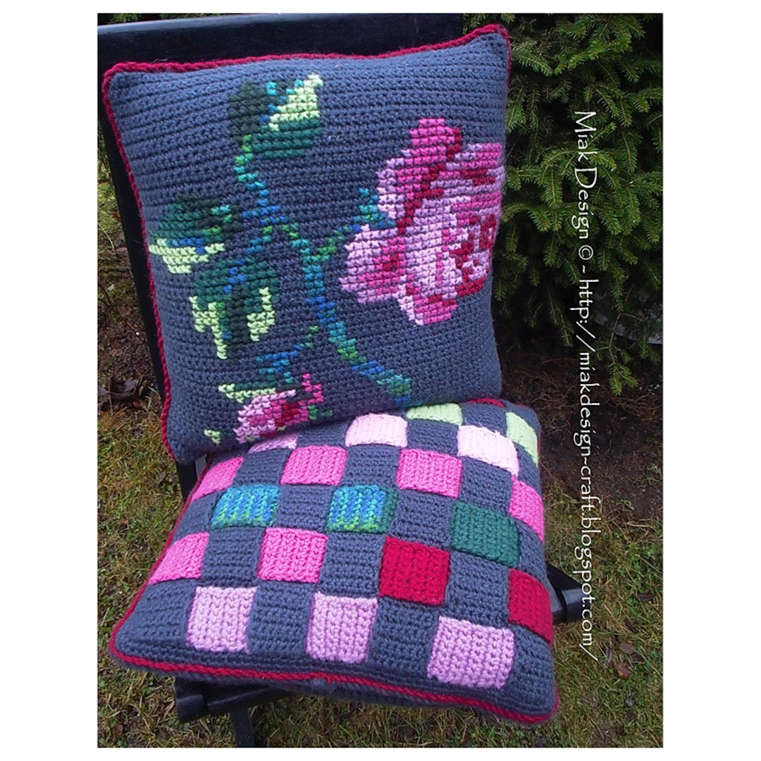 Crochet Cushion Covers With Rose Embroidery and Weaved Stripes-instant ...