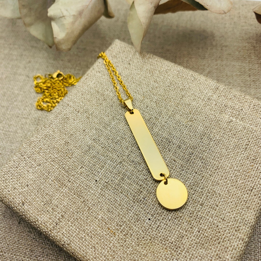 Gold Bar and Circle Necklace, Round and Vertical Bar Charm, Gold Plated ...