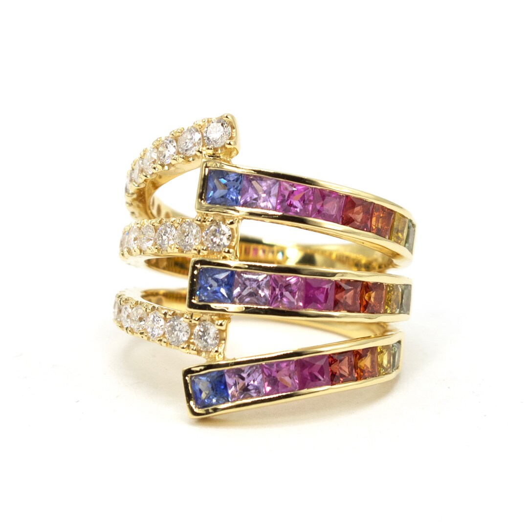 Triple Split Shank Diamond and Rainbow Sapphire Ring in 18K Yellow Gold - Etsy