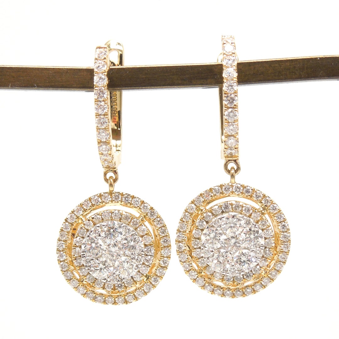Large 18K Yellow Gold Double Halo Diamond Cluster Drop Earrings - Etsy