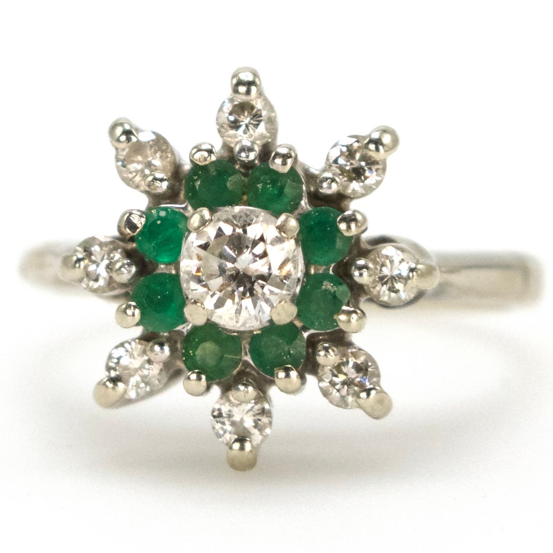 Vintage ODI White Gold Diamond and Emerald Floral Cluster Ring - Etsy
