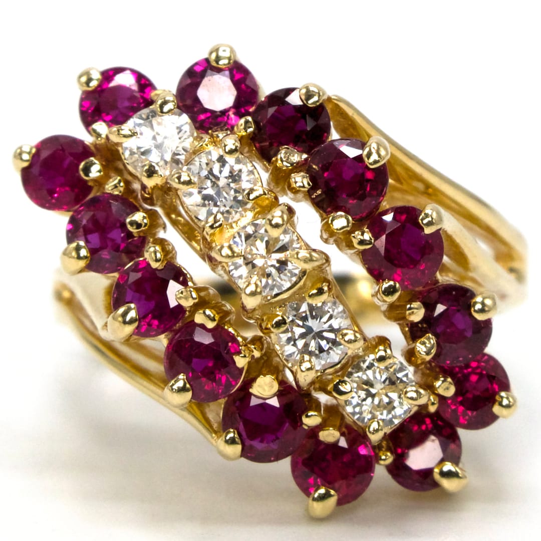 Yellow Gold Diamond and Ruby Waterfall Bypass Ring - Etsy