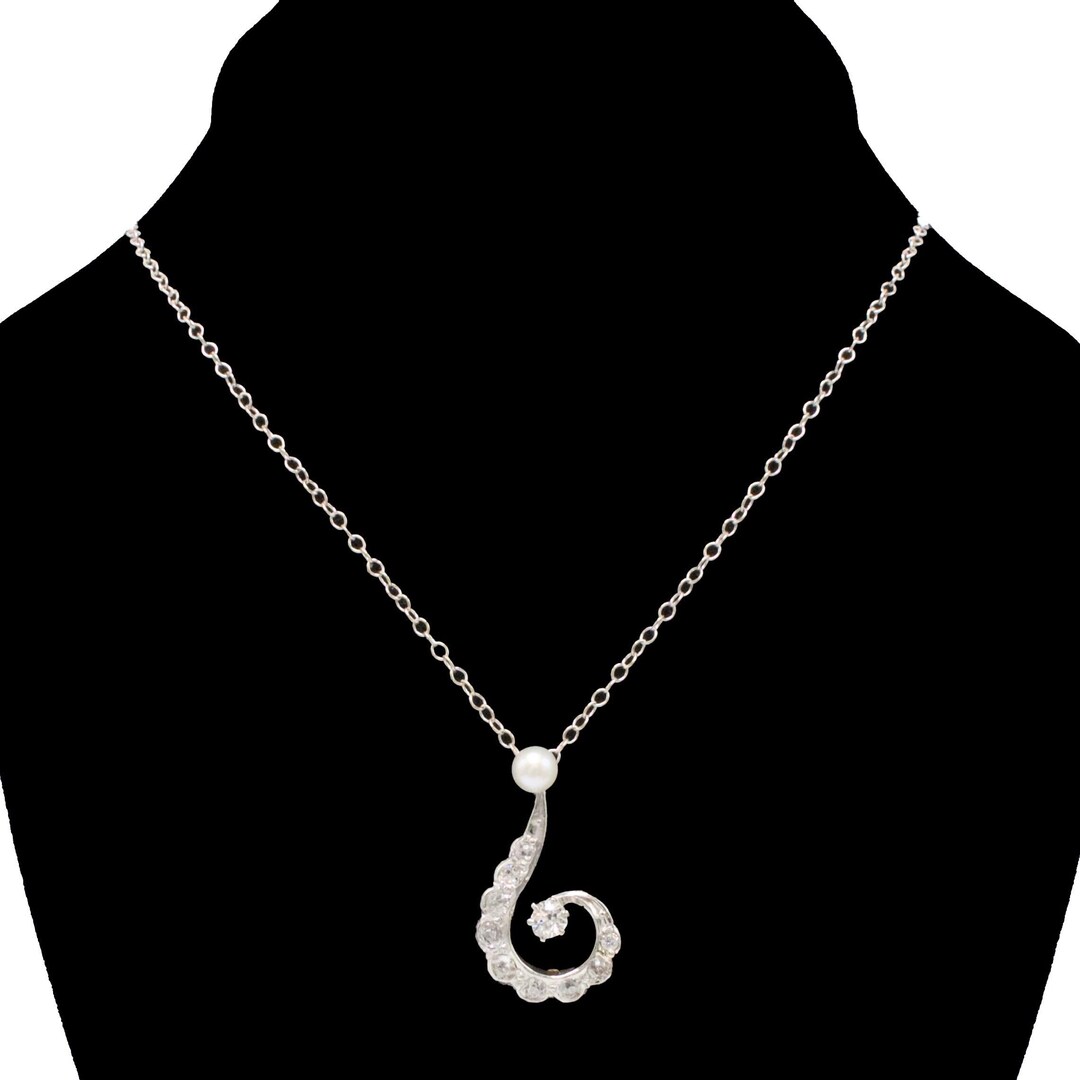 Edwardian Question Mark Diamond and Pearl Necklace in Platinum and Gold ...