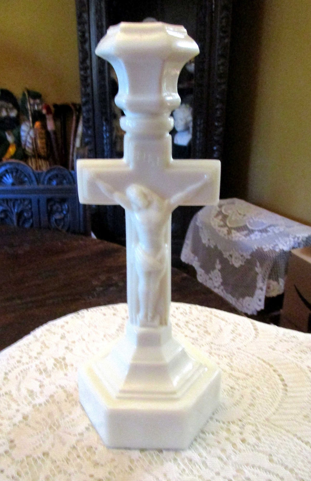 Cross Candlestick Crucifix Vintage Candlesticks Milk Glass - Etsy