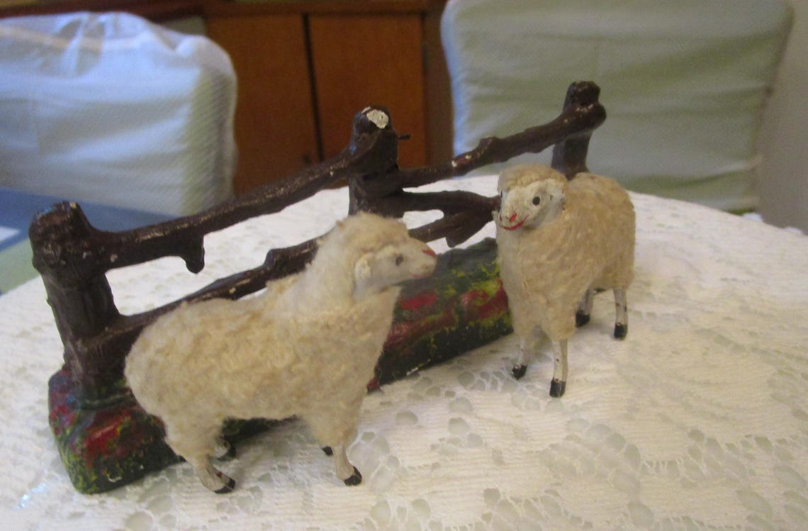 2, Antique Sheep, Stick Leg, Wooly Sheep, Nativity Sheep, Vintage Sheep ...