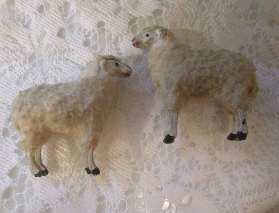 2, Antique Sheep, Stick Leg, Wooly Sheep, Nativity Sheep, Vintage Sheep ...