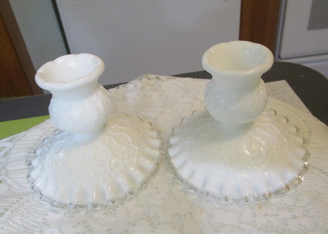 Fenton Candlesticks, Silvercrest, Spanish Lace, Milk Glass, Milk Glass Candlesticks, Bridal ...
