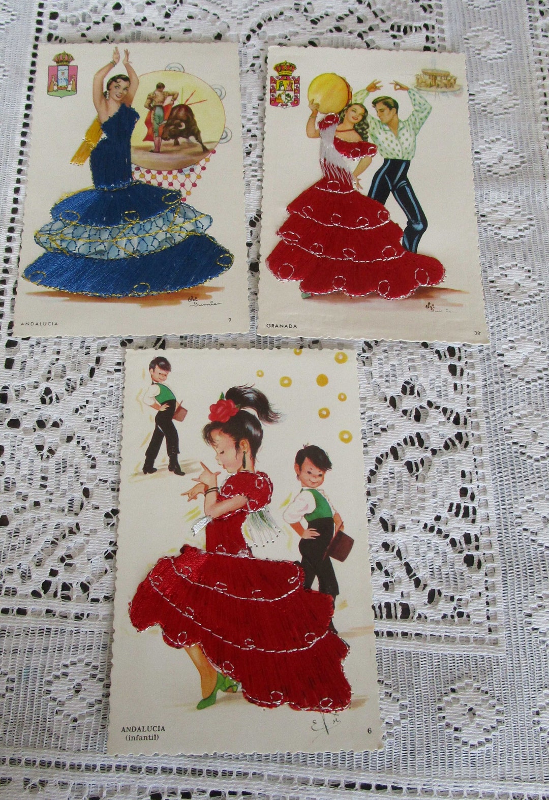 3, Embroidered, Postcards, Spanish Dancers, Flamenco, Bull Fighter ...