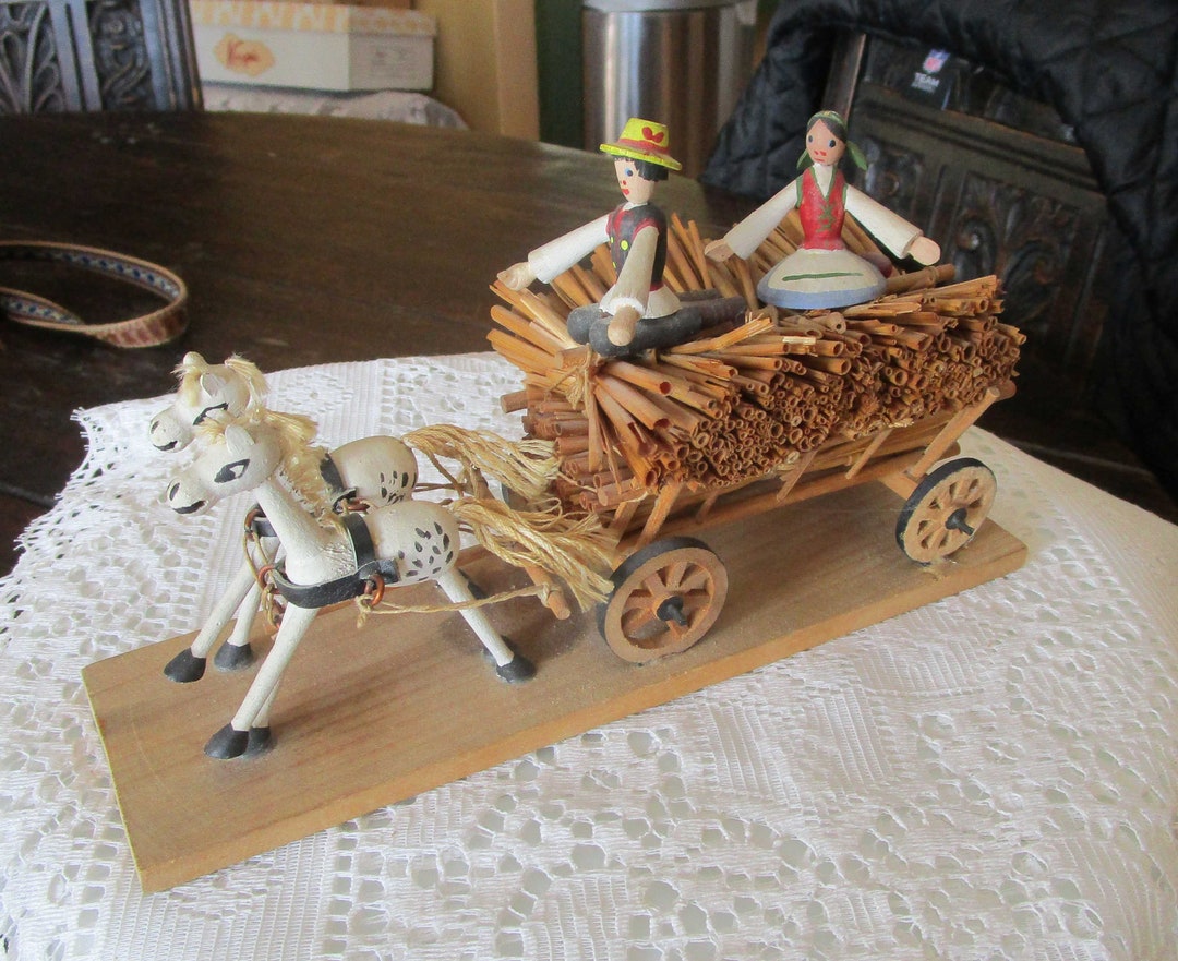 Folk Art, Hay Cart, Wooden Figurines, Carved Horses, Country Decor ...