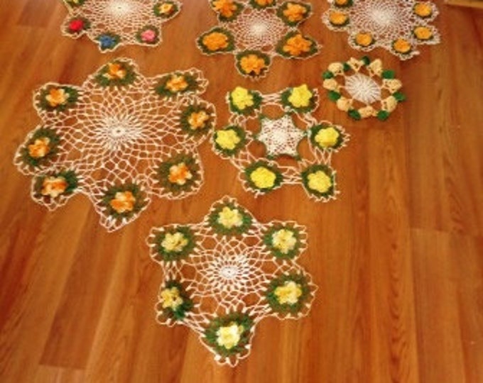 8 3d Flower Sugar Starch Doilies Vintage Hand Crocheted Etsy