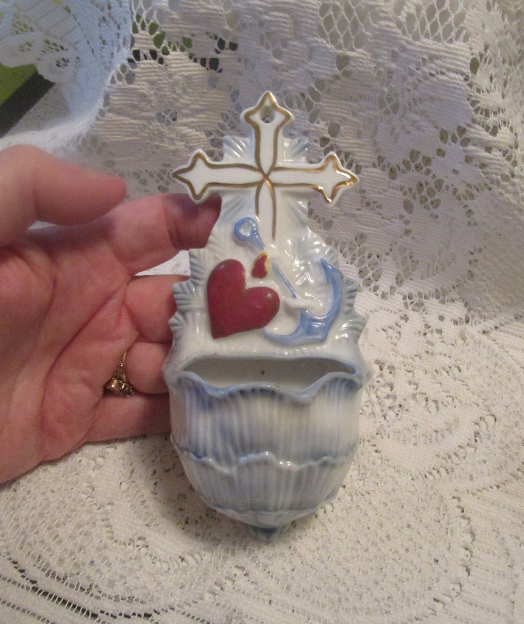 Antique, Holy Water Font, Czechoslovakian, Religious Decor, Faith Hope ...