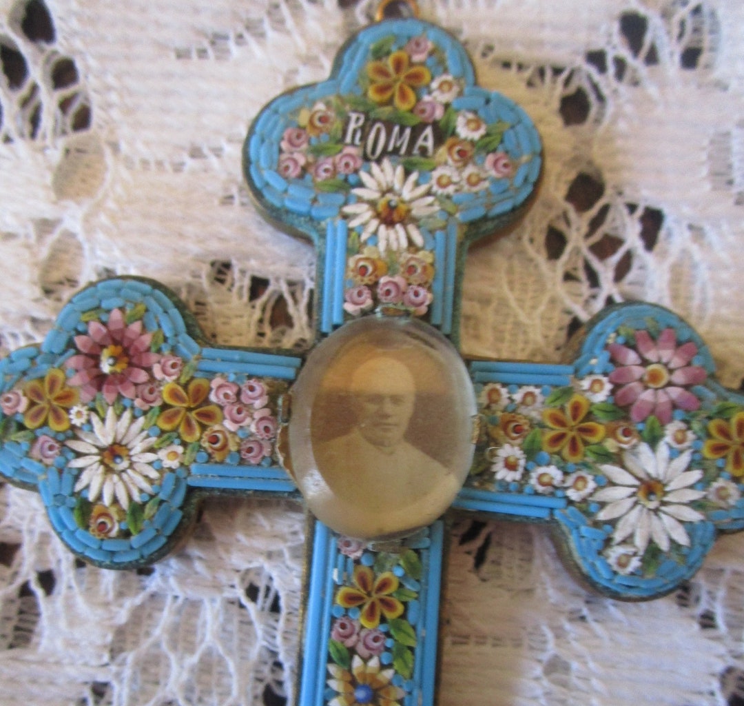 Micro Mosaic Cross, Pope Pius X, Antique Cross, Italian Cross, Vintage ...