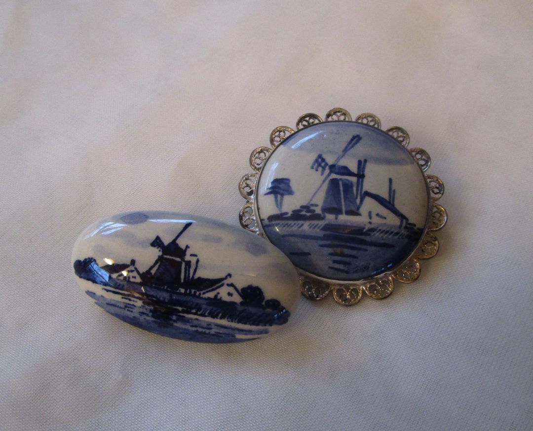 2, Delft Brooches, Porcelain Brooch, Sterling Brooch, Delft Pendant ...