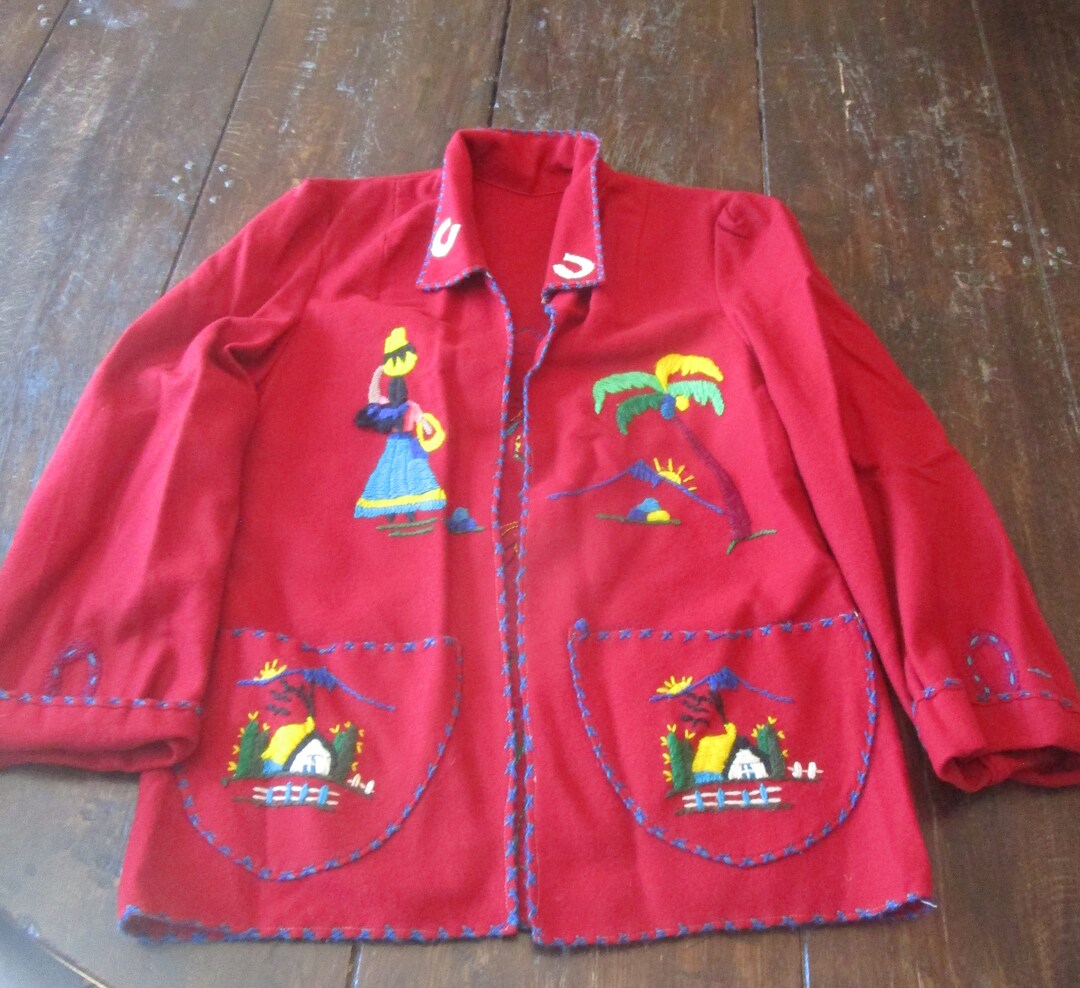 Vintage, Mexican Wool, Mexican Jacket, Roosters, Embroidered Jacket ...