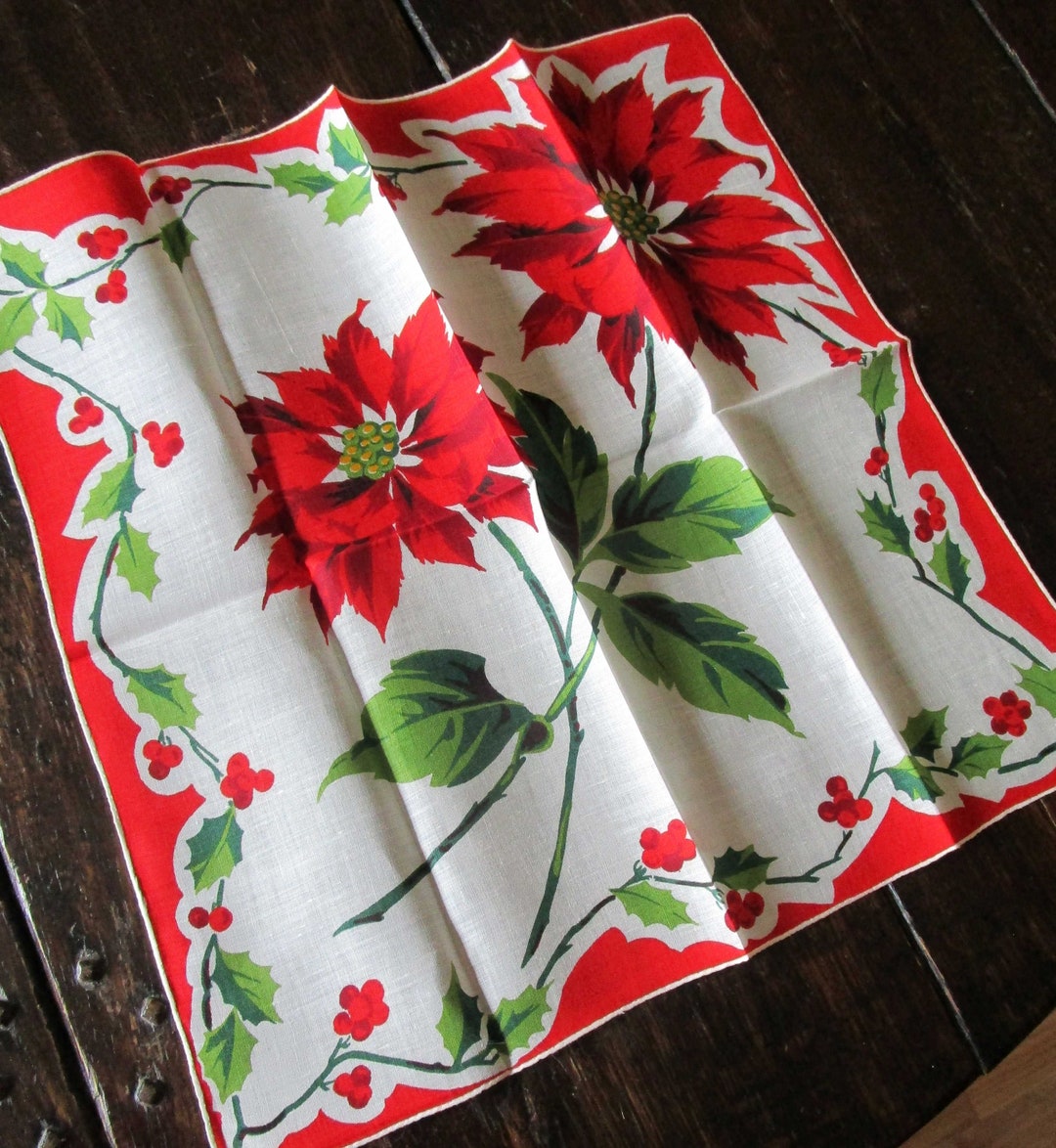 Christmas Hanky, Poinsettia Hanky, Red Hanky, Vintage Hankies, Print ...