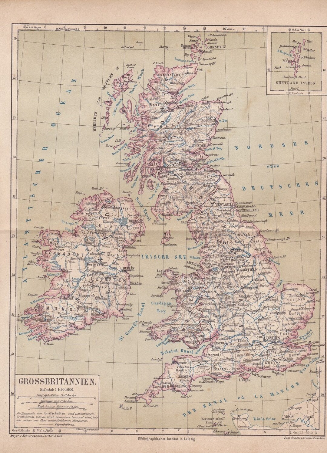 1875 Great Britain and Ireland With Section Map of Shaetland Islands at ...