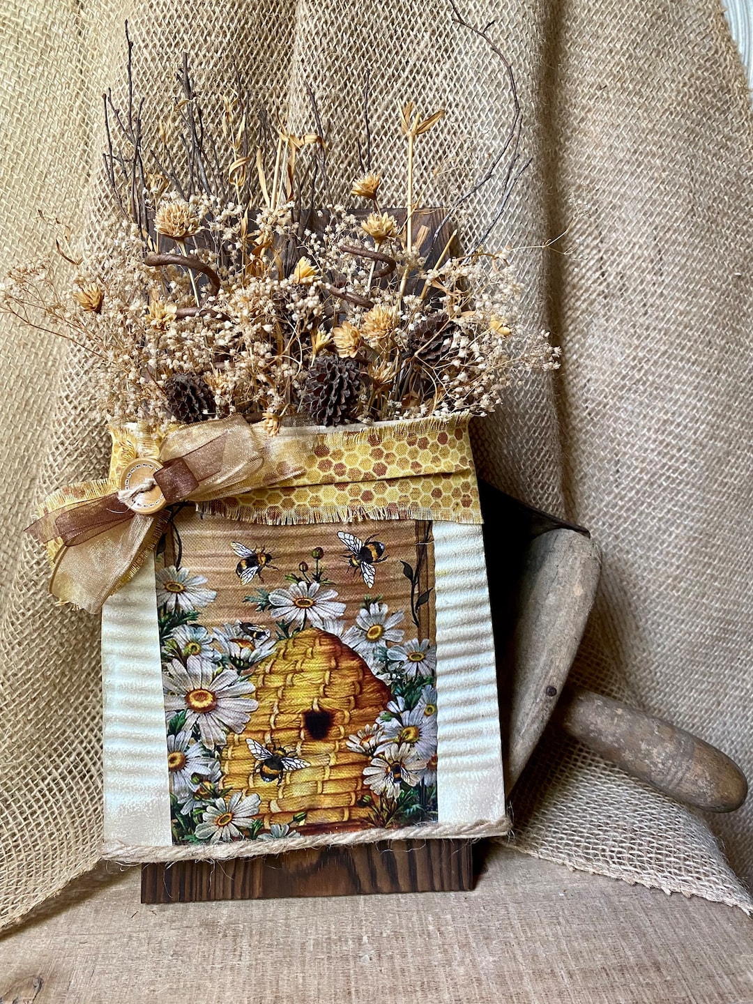 Honeybee Wall Pocket, Beehive Wall Hanging, Bumblebee Art, Decoupaged ...