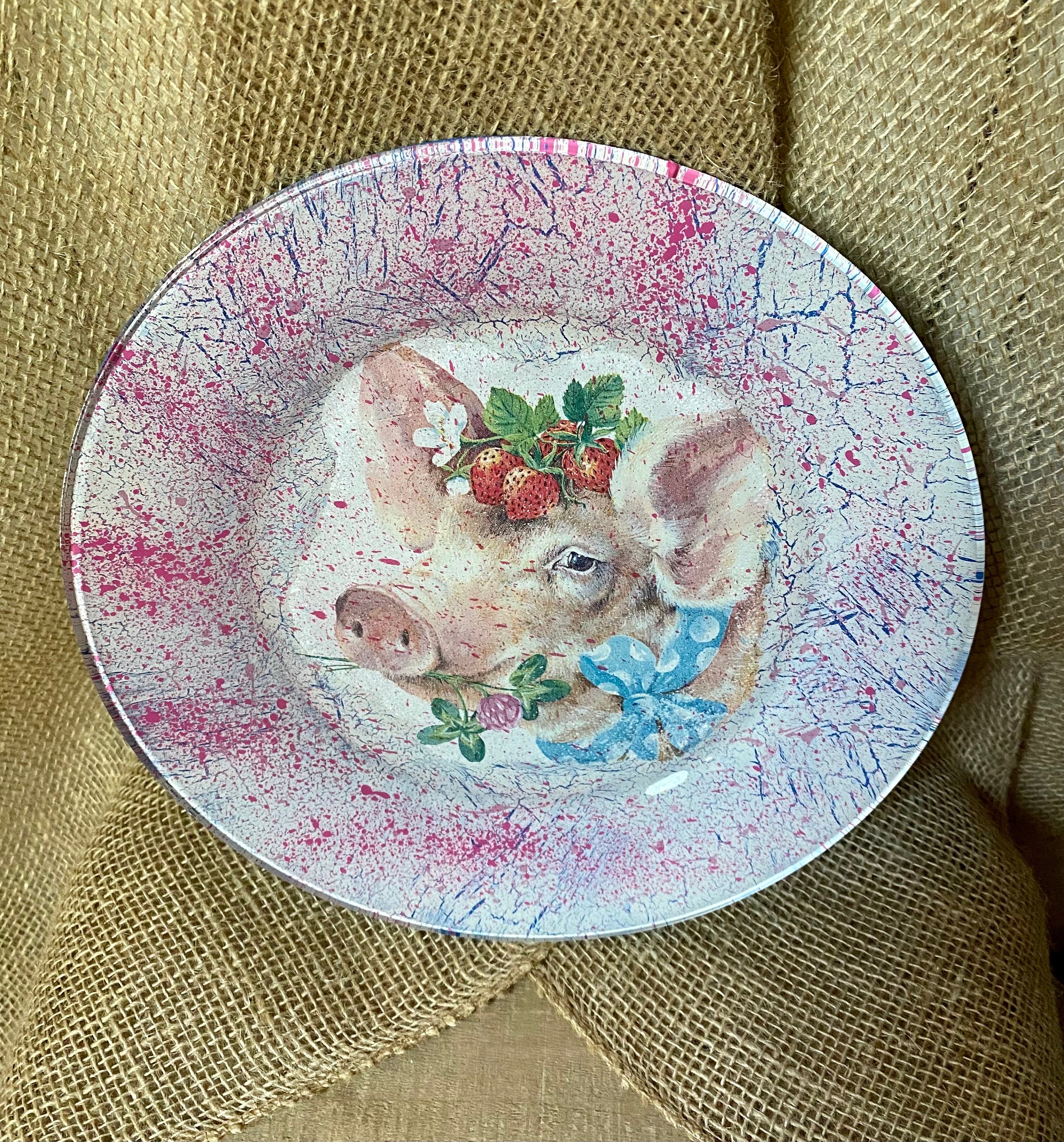 Pig Glass Plate, Pig Dinner Plate, Decoupaged Plate, Table Accent ...