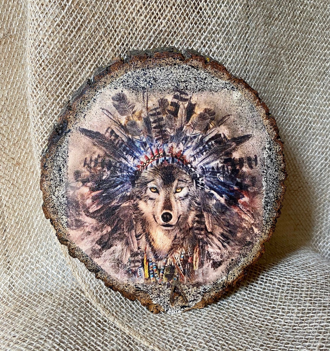 Wolf Plaque, Bark Wood Wolf, Decoupage Wolf, Rustic Decorative Wolf ...