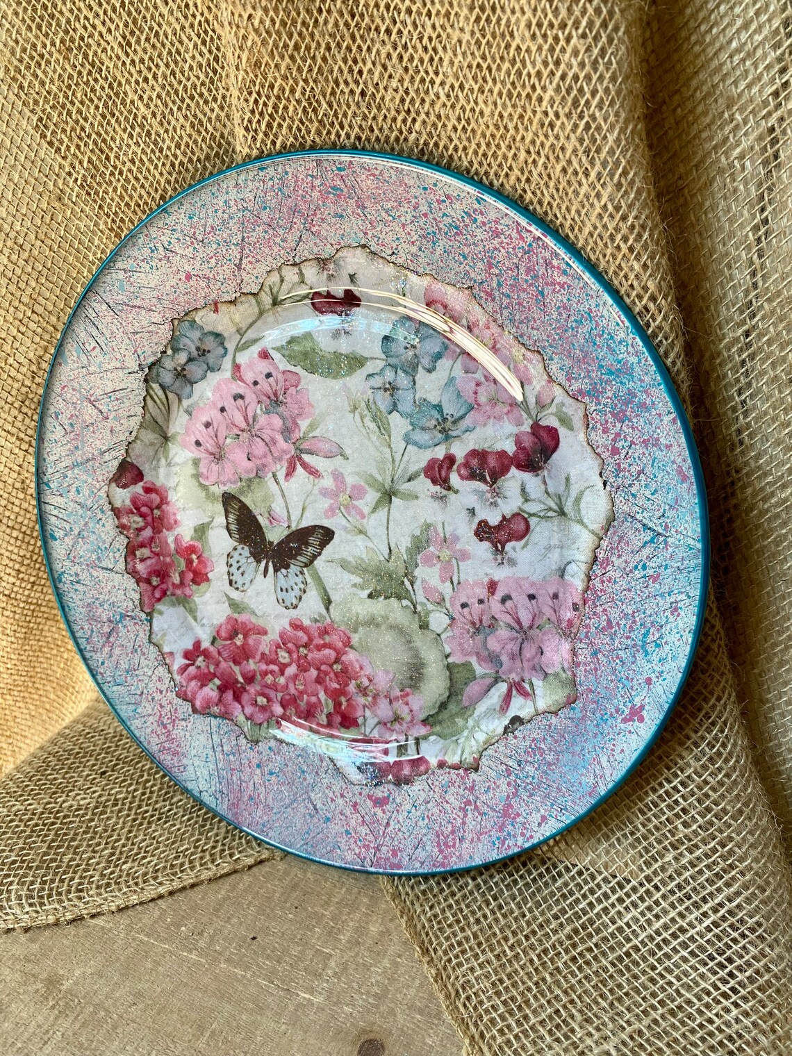Hydrangeas Glass Plate, Butterfly Dinner Plate, Decoupaged Plate, Table ...