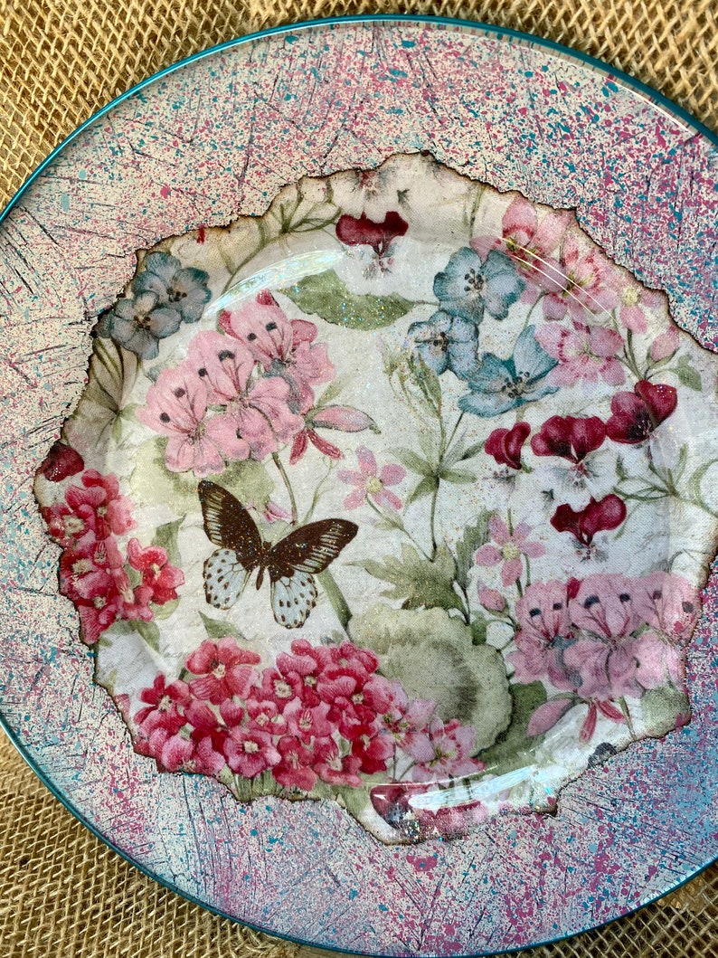 Hydrangeas Glass Plate, Butterfly Dinner Plate, Decoupaged Plate, Table ...