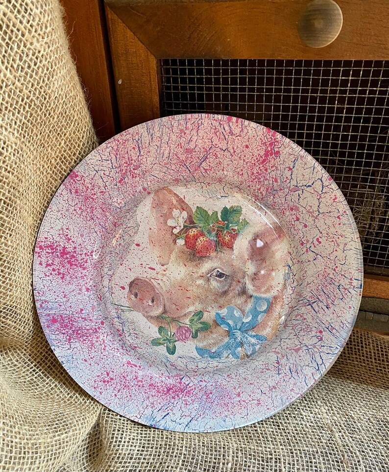 Pig Glass Plate, Pig Dinner Plate, Decoupaged Plate, Table Accent ...