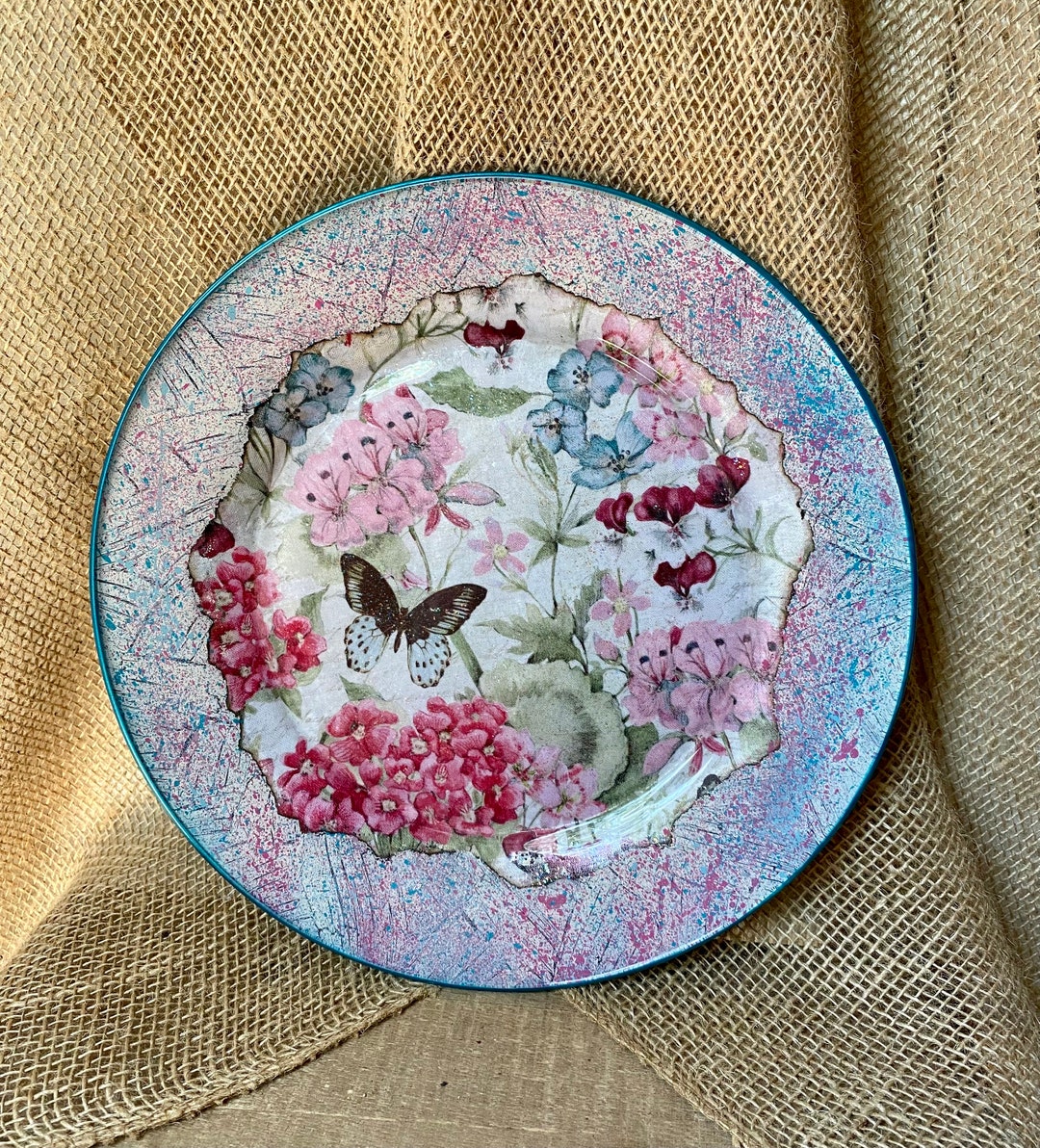 Hydrangeas Glass Plate, Butterfly Dinner Plate, Decoupaged Plate, Table ...