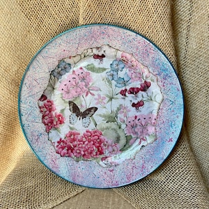 Hydrangeas Glass Plate, Butterfly Dinner Plate, Decoupaged Plate, Table ...