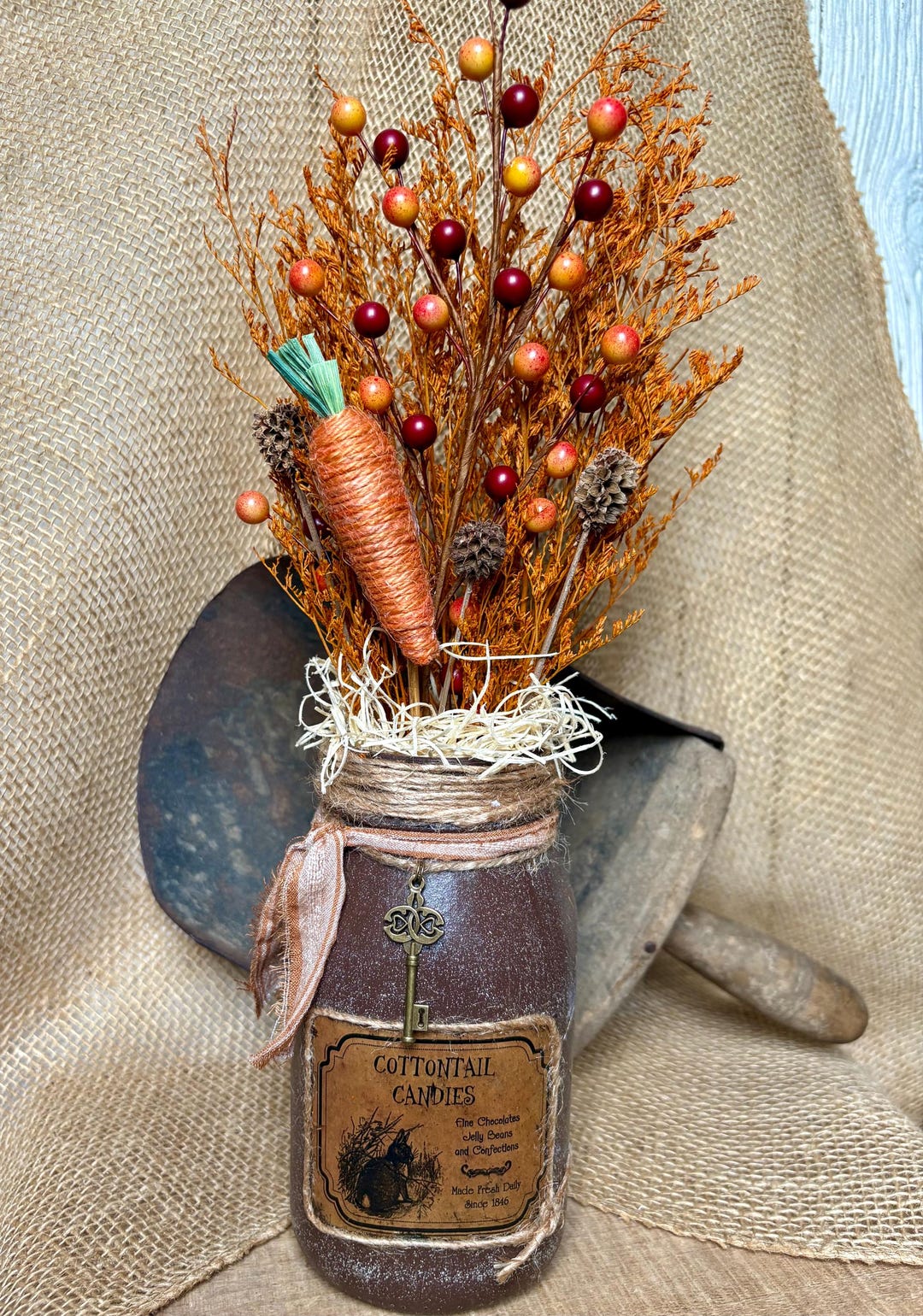 Easter Primitive Decorative Rabbit Jar Dried Arrangement Rustic Shelf ...